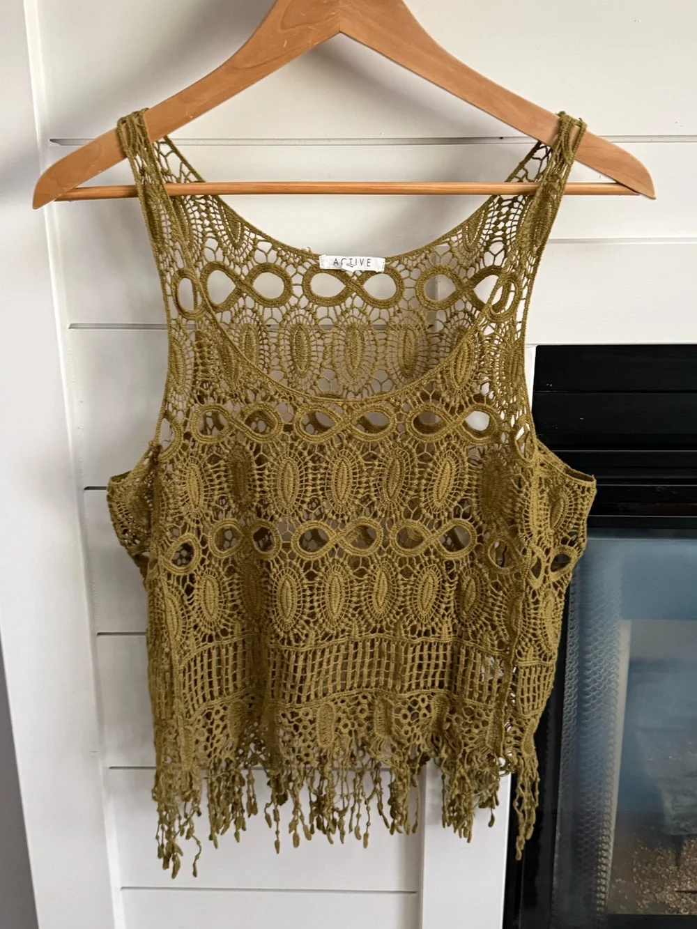 Active USA | Tops | Olive Tan Crochet Fringe Tank Top With Round Neck ...